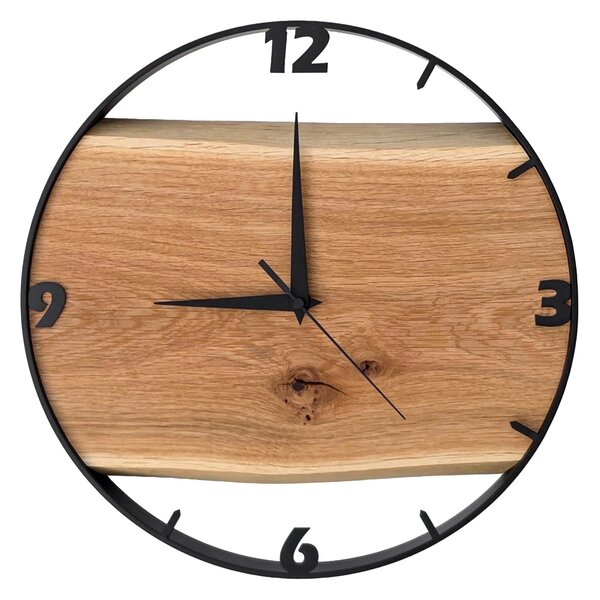 Dřevěné hodiny -35cm, přírodní dřevo - dub, černý kovový rám (35B27 ...