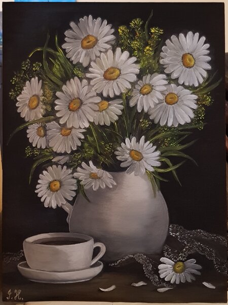 Ručně malovaný obraz od Ivana Homolová - "Kopretiny - květiny ve váze ...