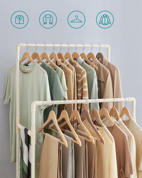 Songmics Stojan na šaty, věšák, kovový, se 2 tyčemi na šaty, 1 policí ...