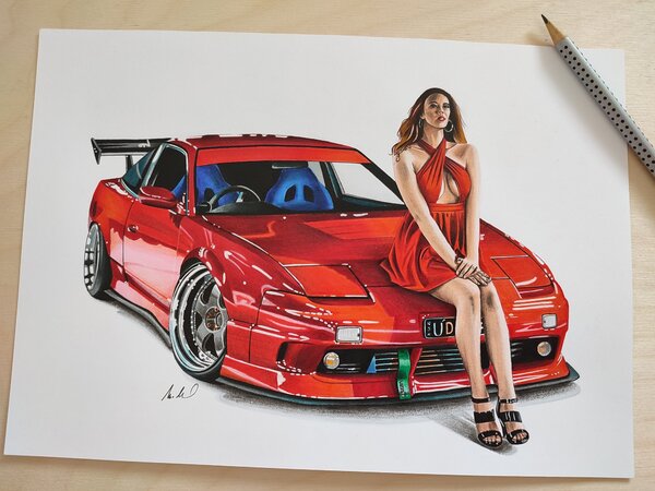 Kresba od Michal Mokáň - "Nissan S13 and girl", rozměr: 30 x 21 cm ...